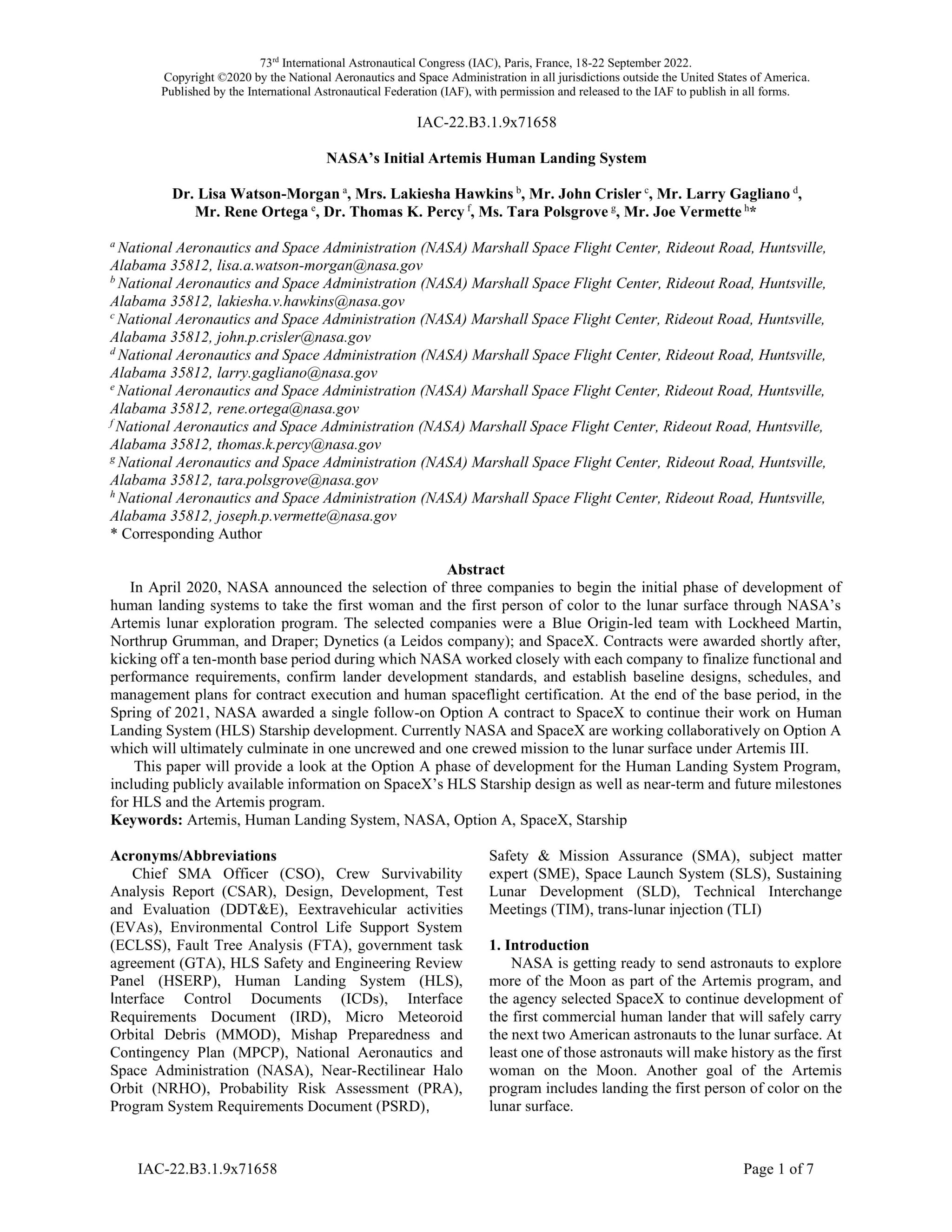 Paper: NASA’s Initial Artemis Human Landing System (NASA 2022) | New ...